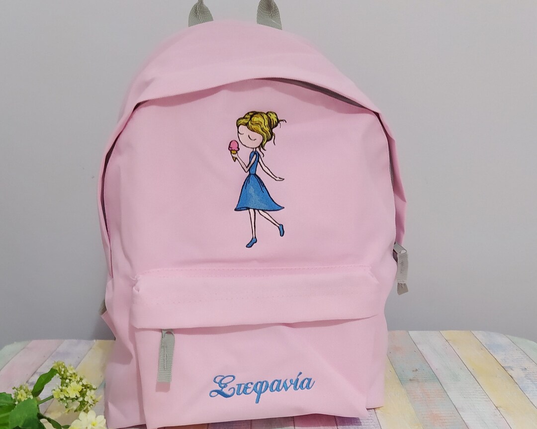 Backpack for School With Embroidery - Girl With Ice Cream and Name or ...