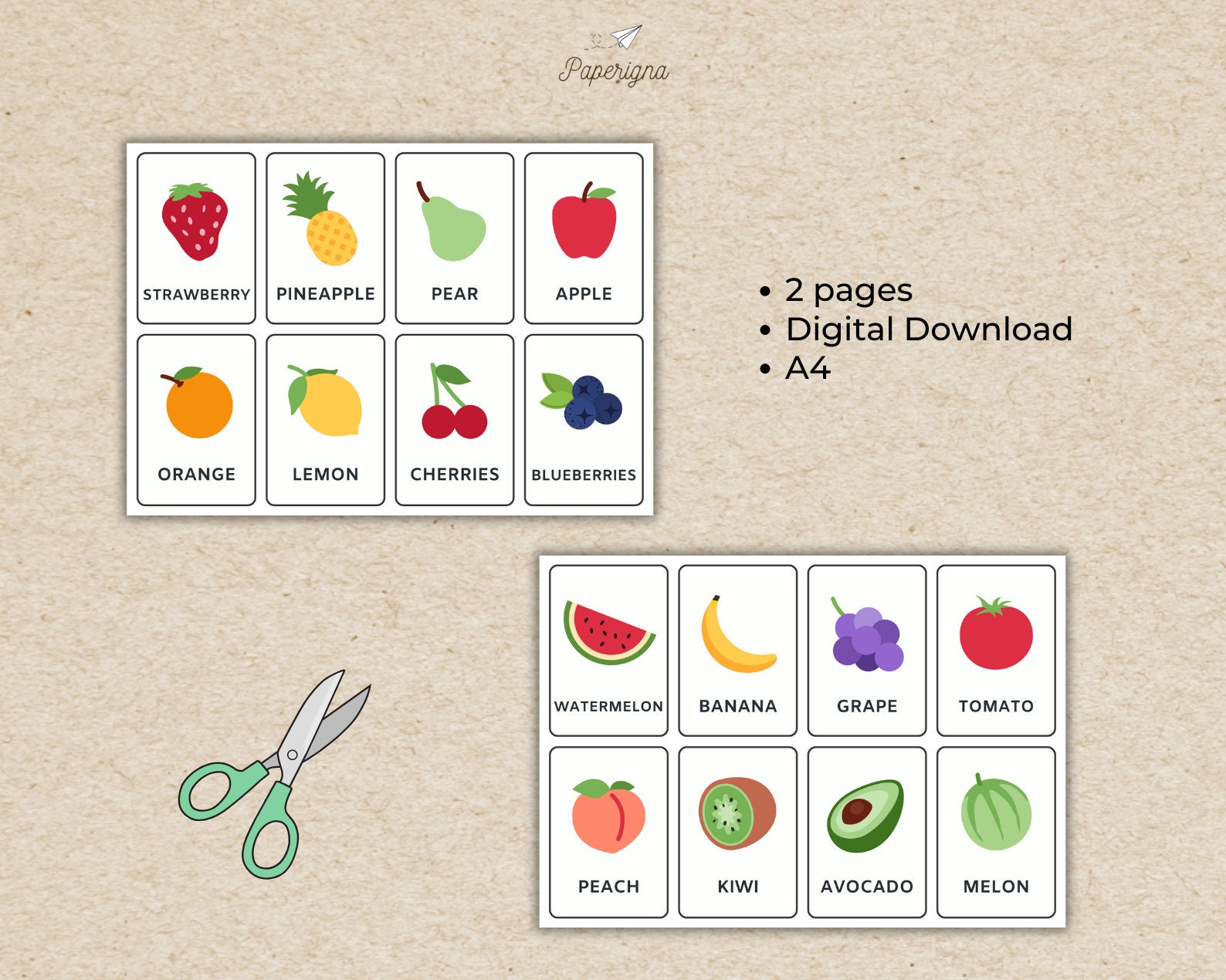 Printable Fruits Flashcards A4, Cut-out Cards, Classification Cards ...