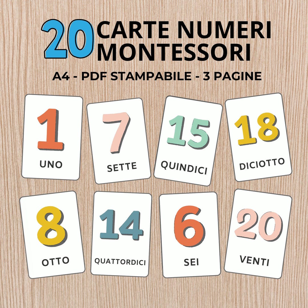 20 Montessori Number Cards, Italian Nomenclature, Printable PDF, Cards ...