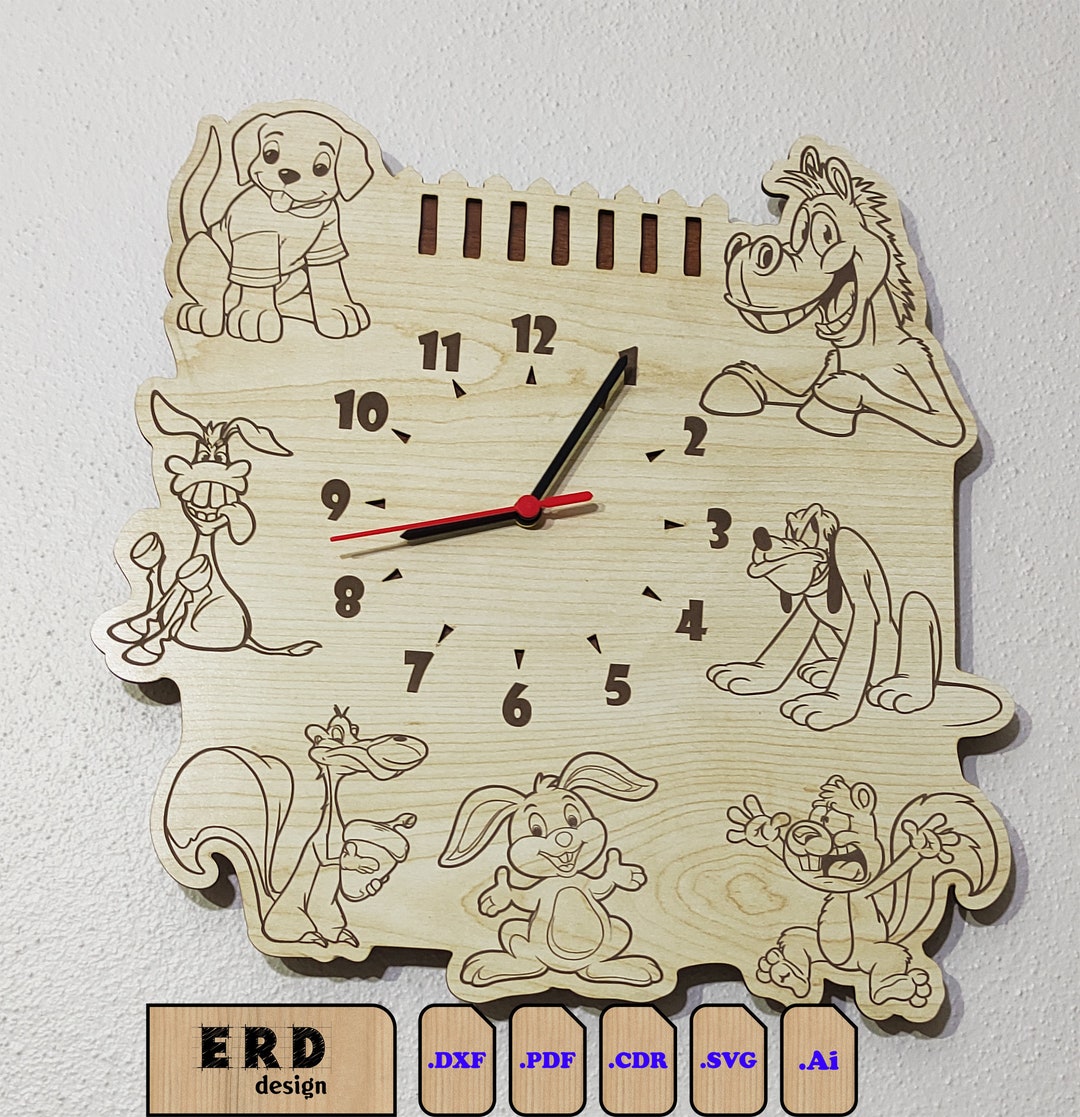 Fun Cute Animal Clock Design for Kids Room Laser Cut Plans Svg Dxf Cdr ...