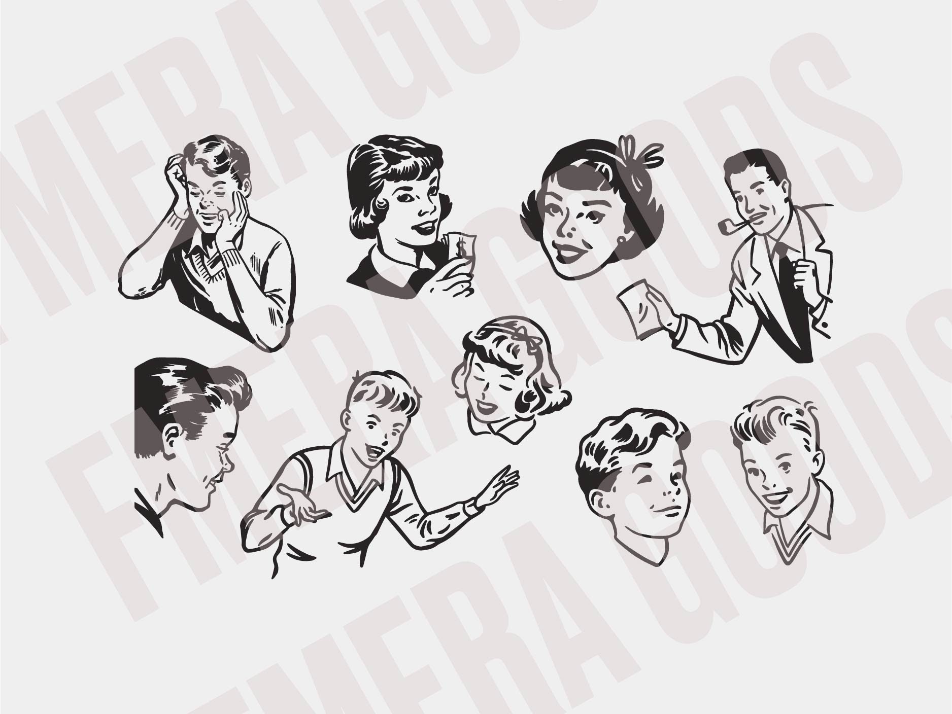 Family Game Night Illustration Pack Vintage Retro 50s SVG PNGS EPS Dxf ...