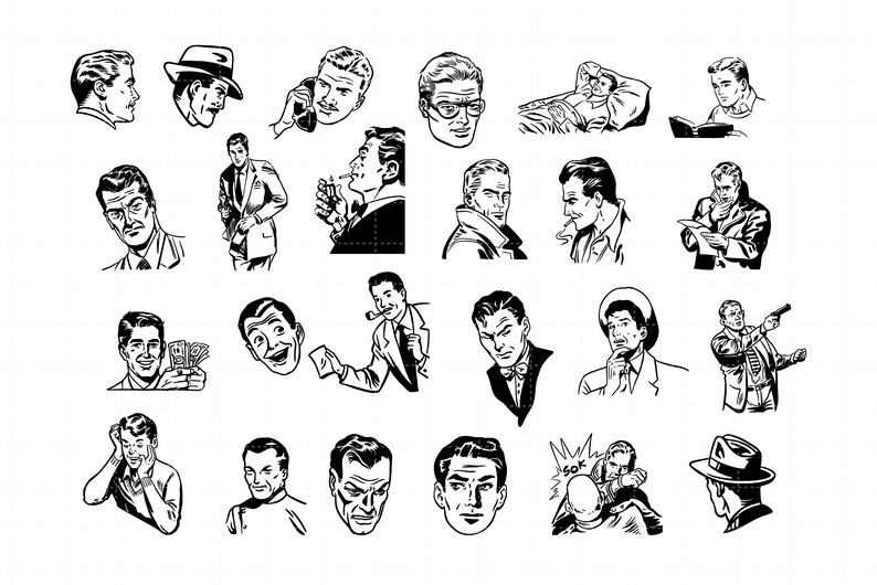 Retro Men Comics SVG Illustrations Pulp Vintage File Bundle - Etsy
