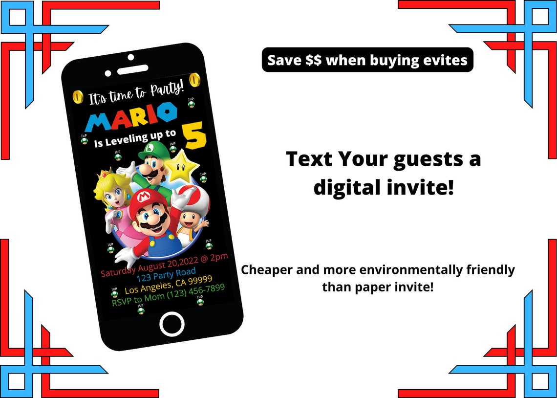 Super Mario Birthday Digital Invite, Printable, Instant Download ...