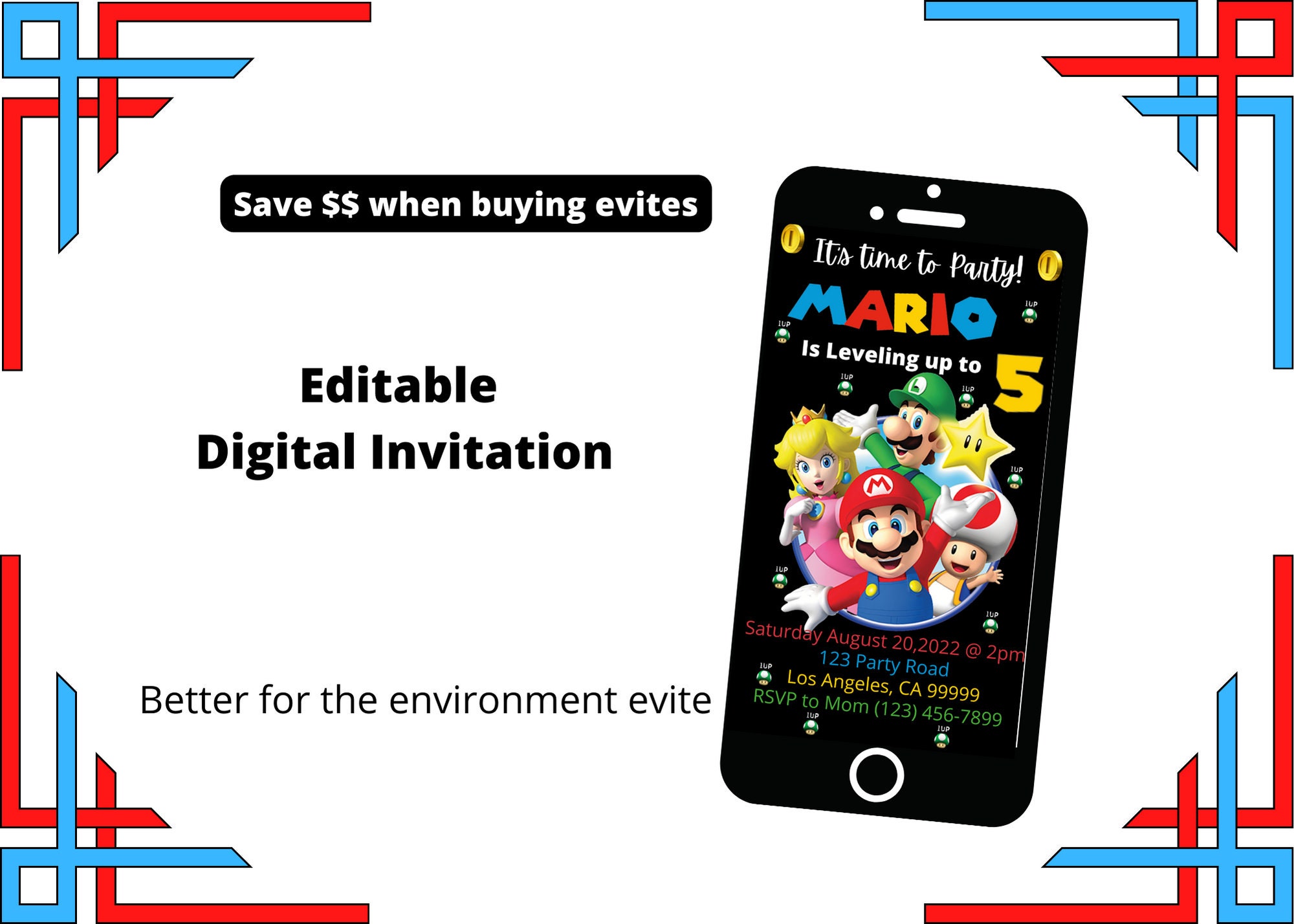 Super Mario Birthday Digital Invite, Printable, Instant Download ...