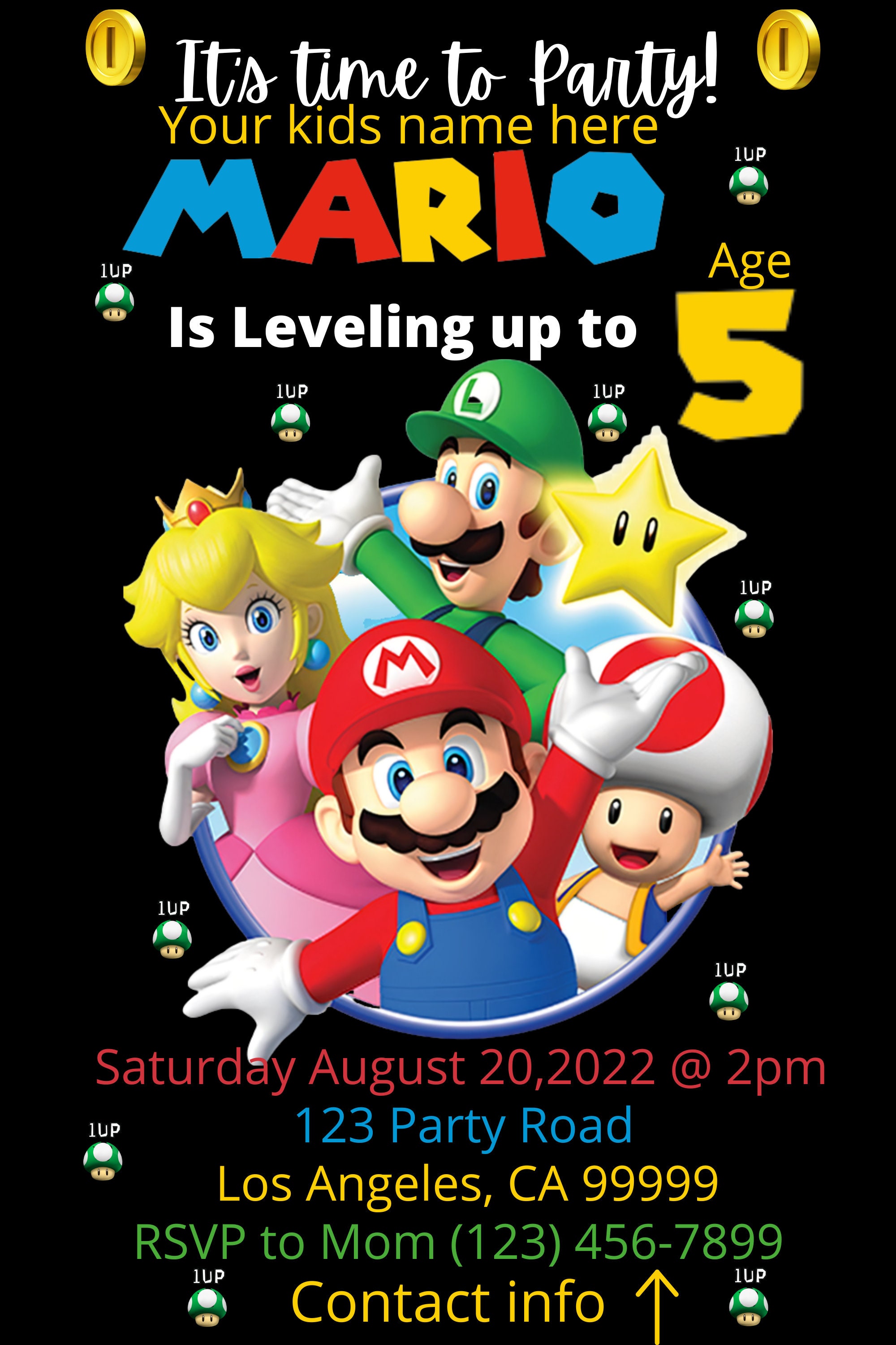 Super Mario Birthday Digital Invite, Printable, Instant Download ...