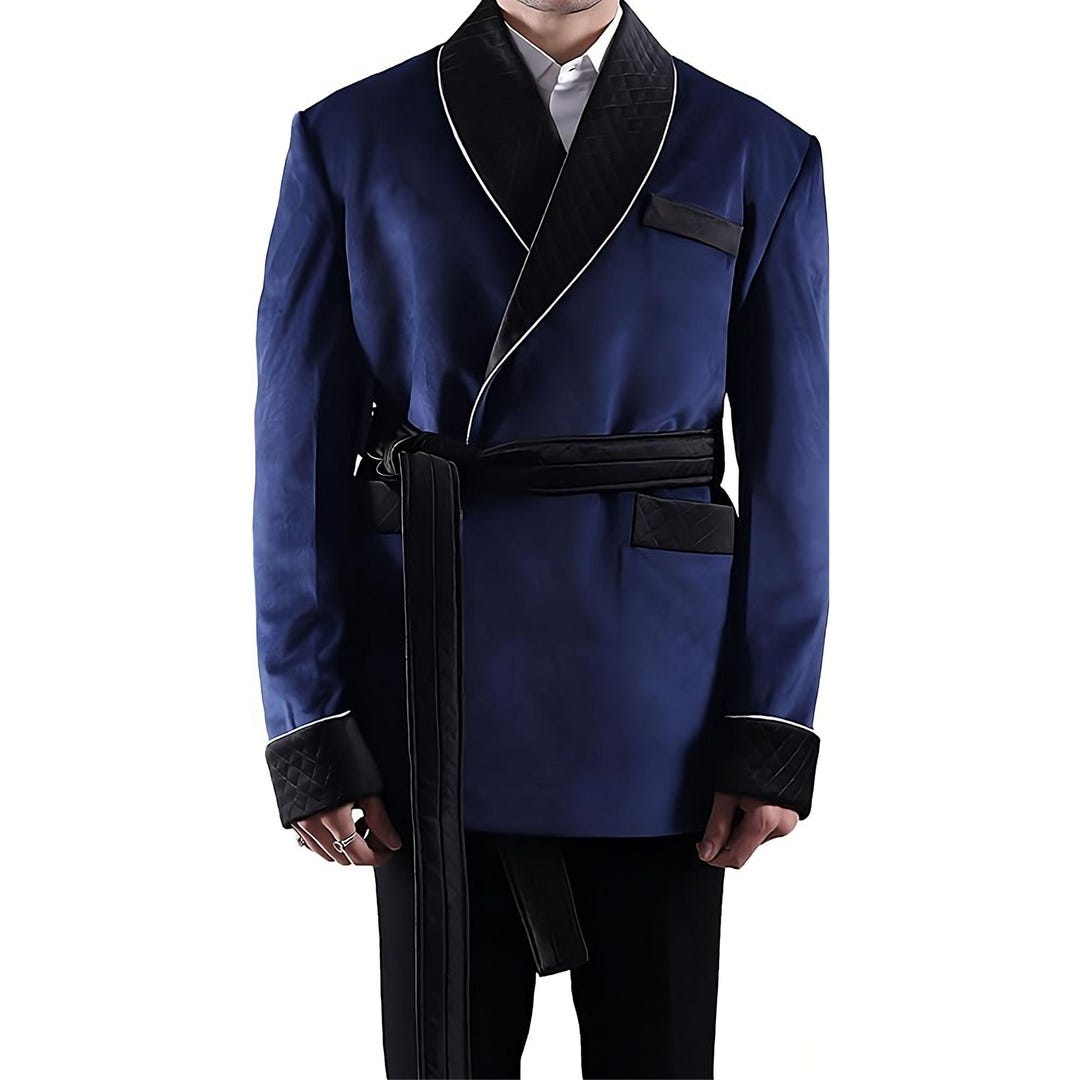 Men’s Navy Blue Velvet Smoking Jacket – Quilted Shawl Collar, Luxury ...