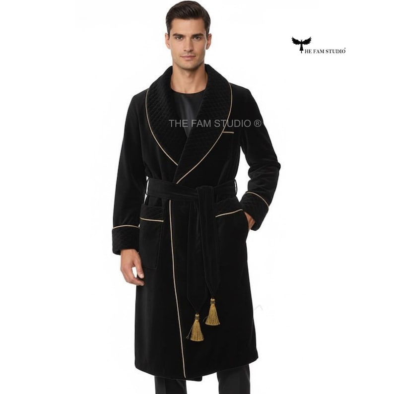 Black Velvet Smoking Jacket Robe for Men Quilted Shawl Collar, Gold ...