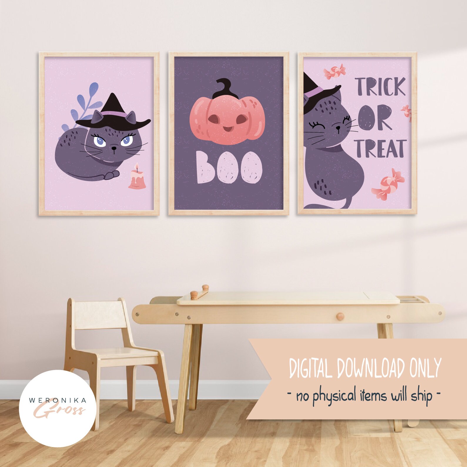 Halloween Printable Gallery Wall Set Witch Cats, Pastel Pink Halloween ...
