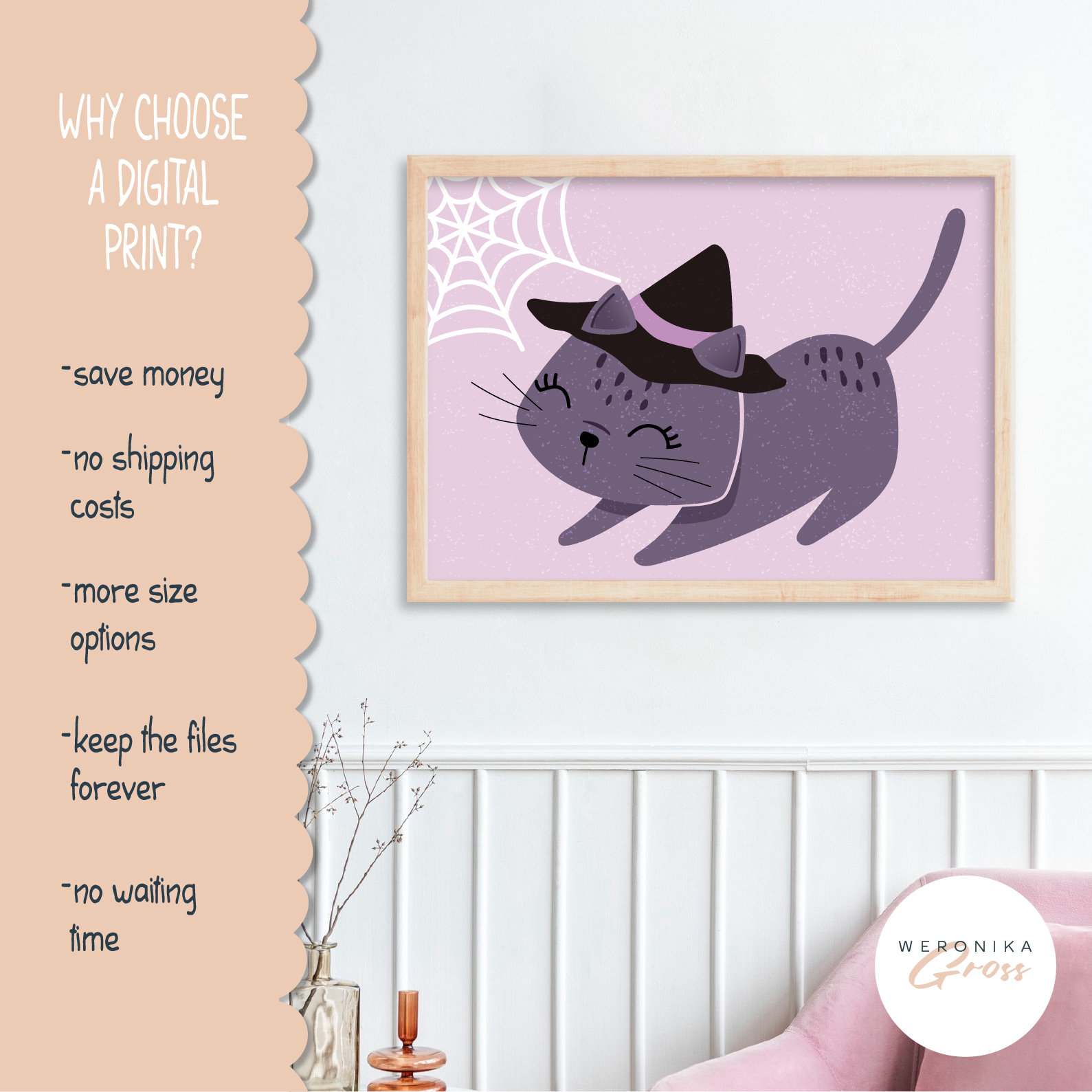 Halloween Printable Gallery Wall Set - Witch Cats, Pastel Pink ...