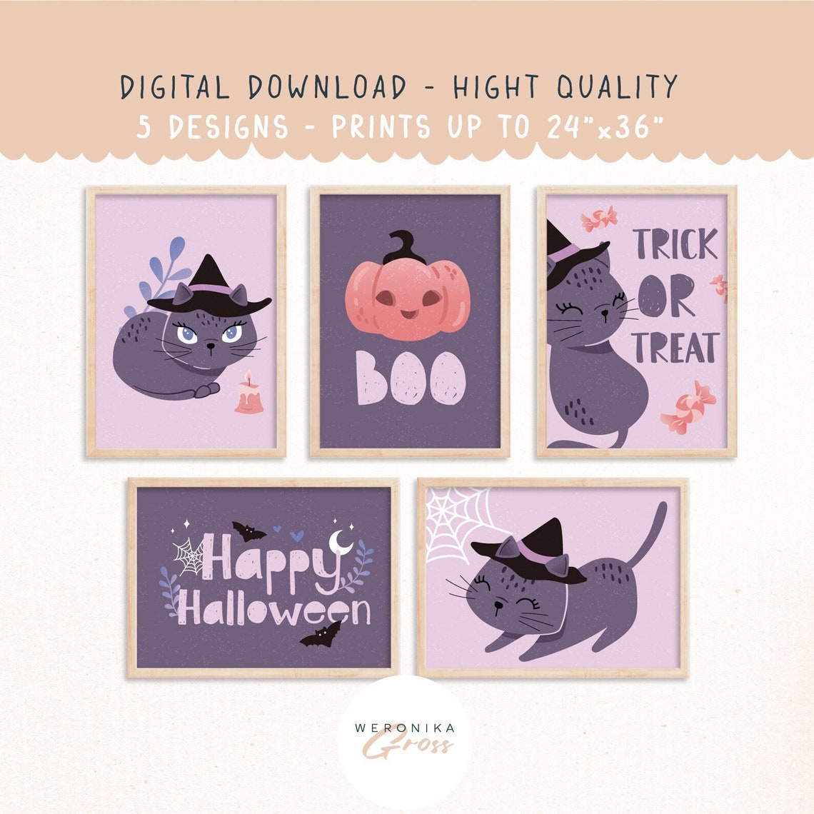 Halloween Printable Gallery Wall Set Witch Cats, Pastel Pink Halloween ...