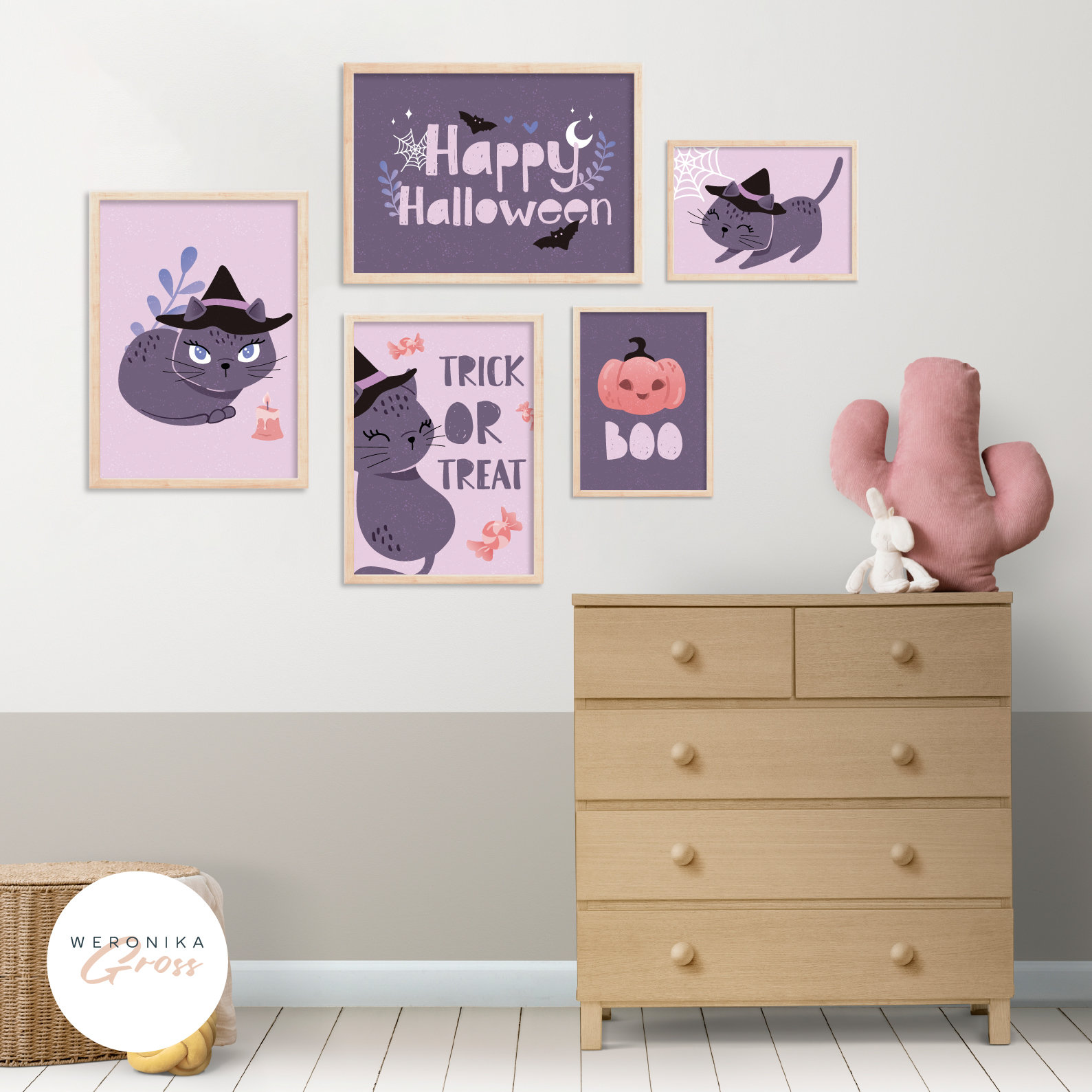 Halloween Printable Gallery Wall Set - Witch Cats, Pastel Pink ...