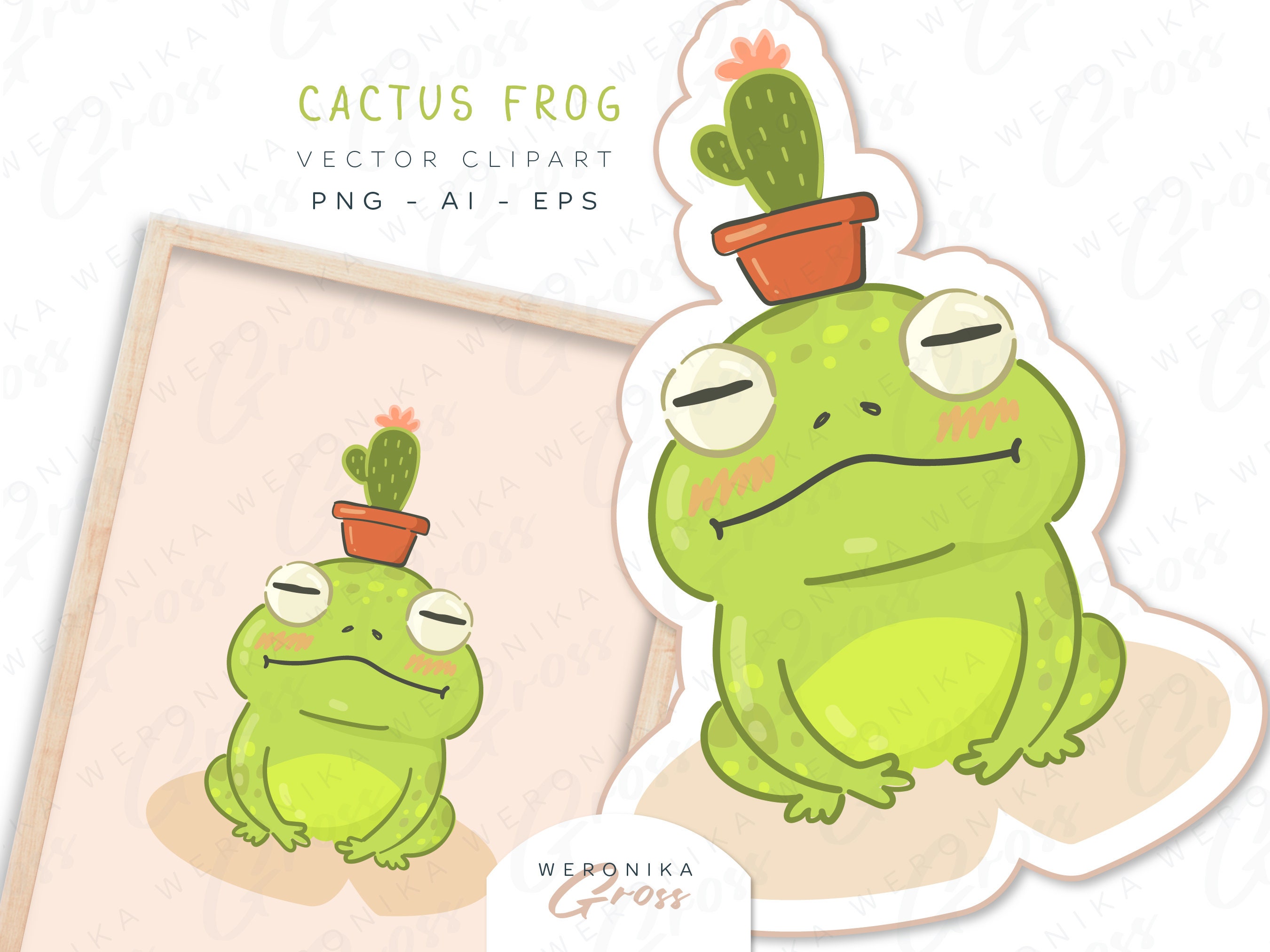 Kawaii Cactus Frog Clipart, Nursery Art Print, Sticker Design (digital ...