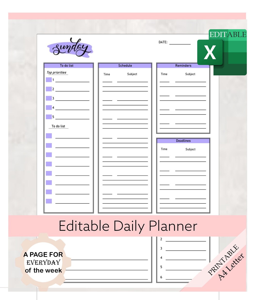 Daily Planner Printable Spreadsheet Editable Productivity Day Planner ...