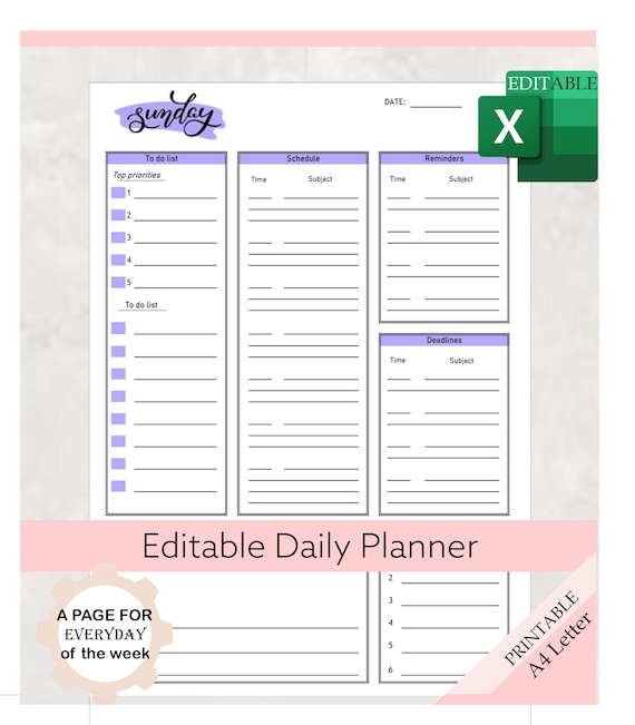 Daily Planner Printable Spreadsheet Editable Productivity - Etsy