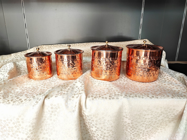 Set of 4 Copper Jar,handcrafted Copper Container,copper Spice Container ...