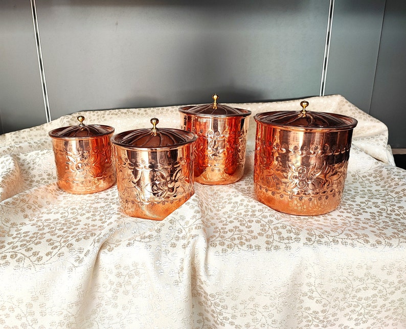 Set of 4 Copper Jar,handcrafted Copper Container,copper Spice Container ...