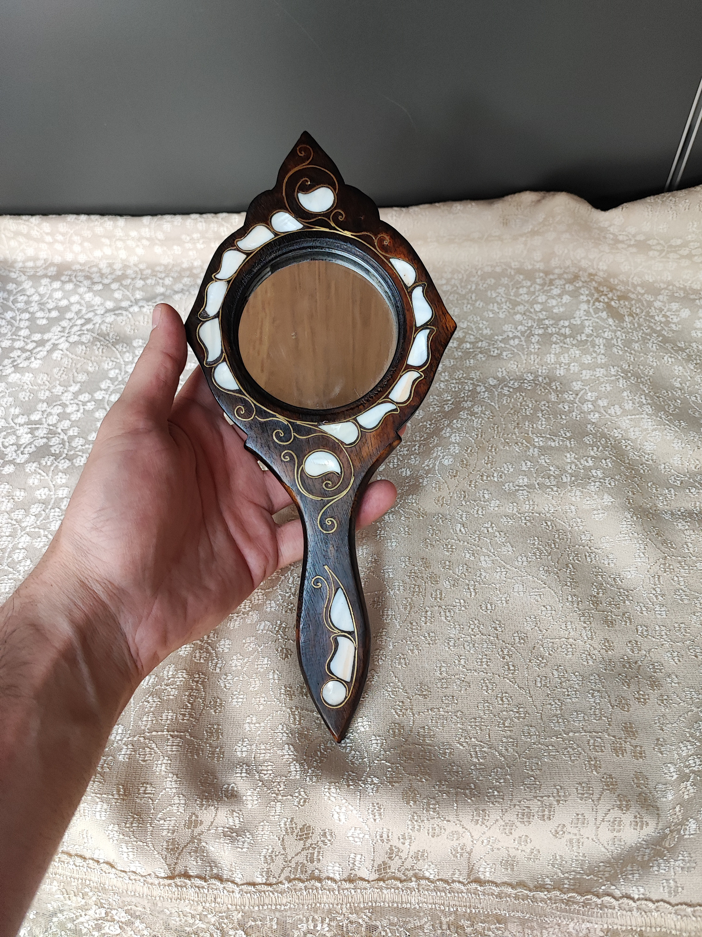 Handheld Wooden Mirror,wooden Hand Carving,unique Mother-of-pearl Inlay ...