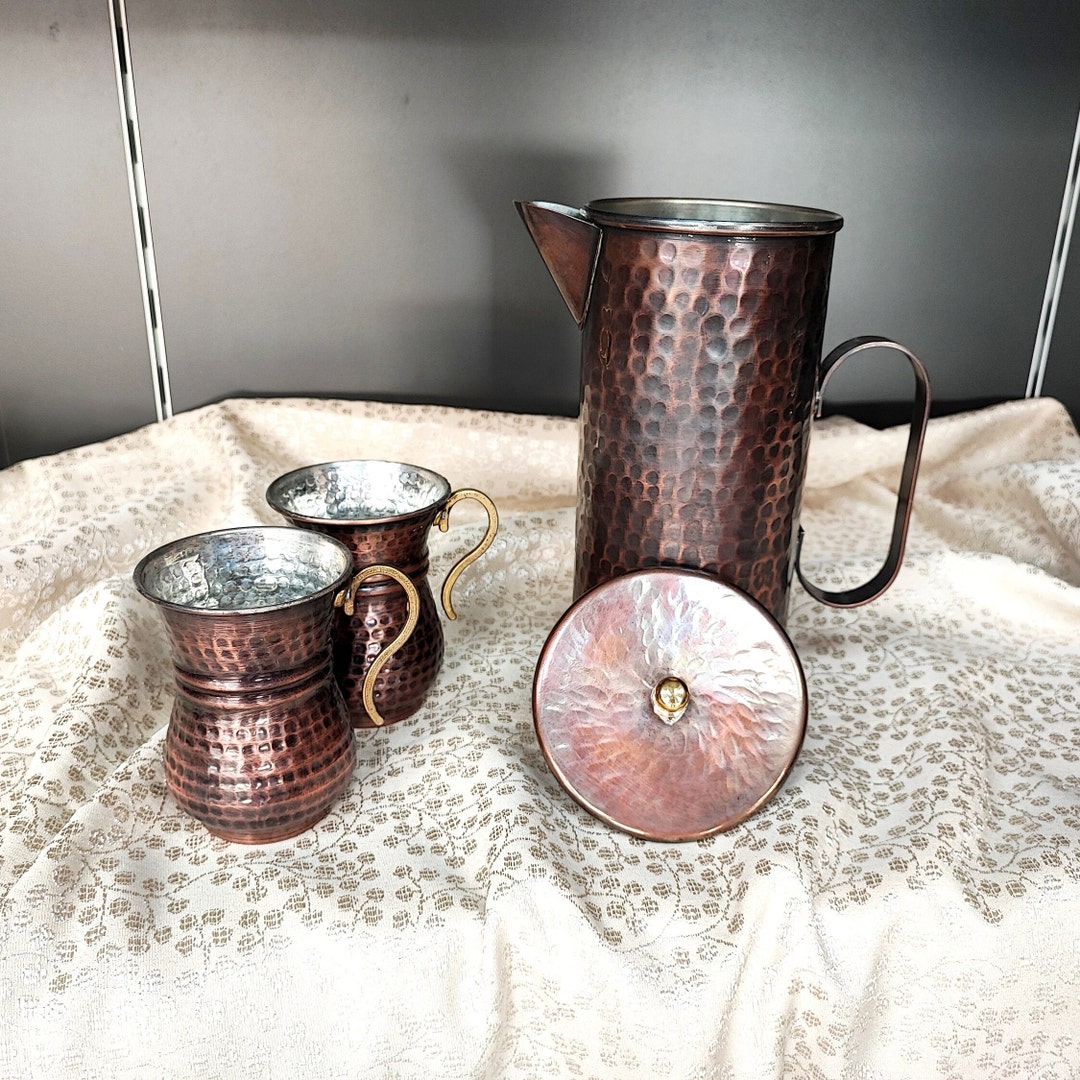 Pure Copper Jug and Mug Set,oxidized Copper Pitcher With Lid,copper ...