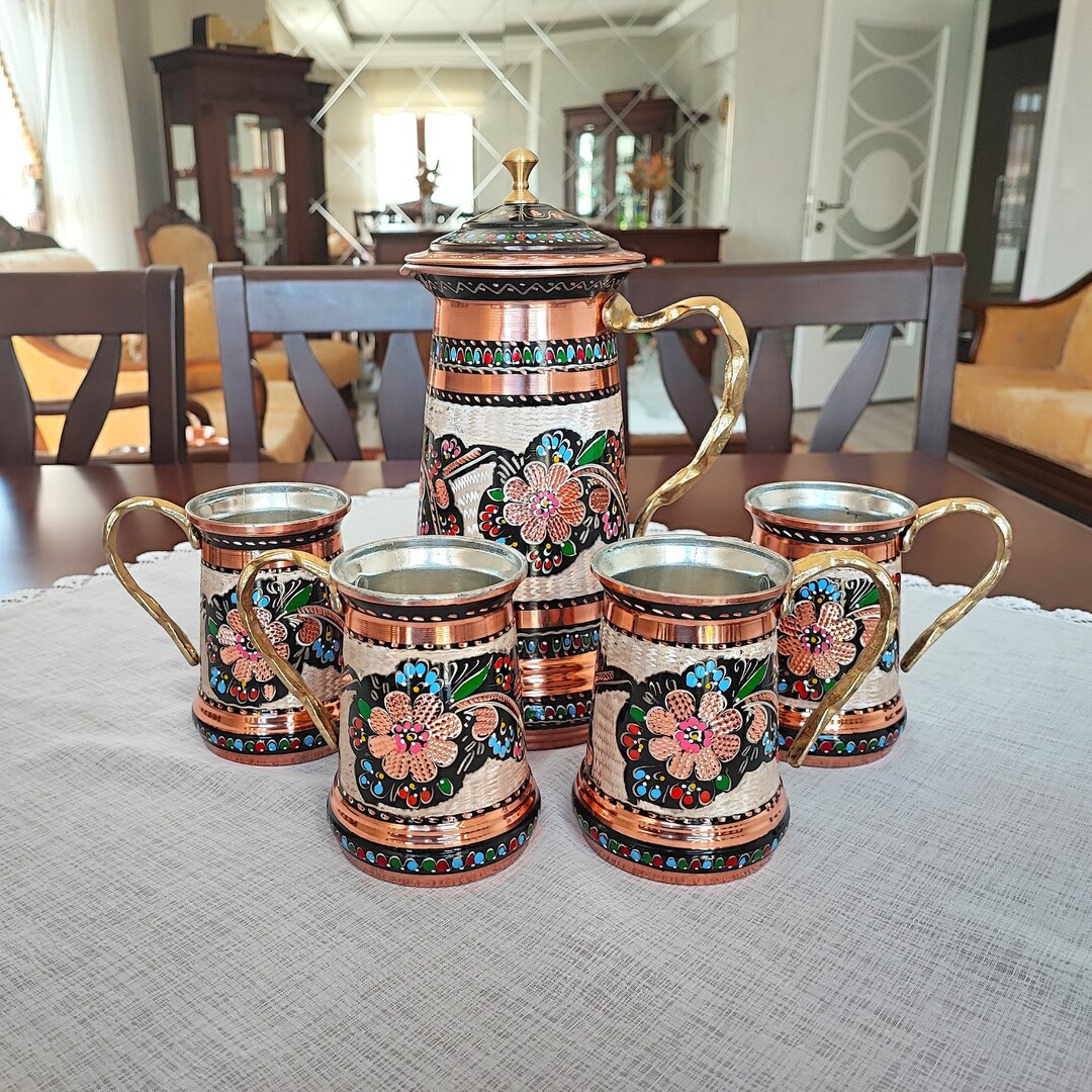 Copper Jug Set With Mugs,hand Hammered Jug,handmade Copper Mug Set ...