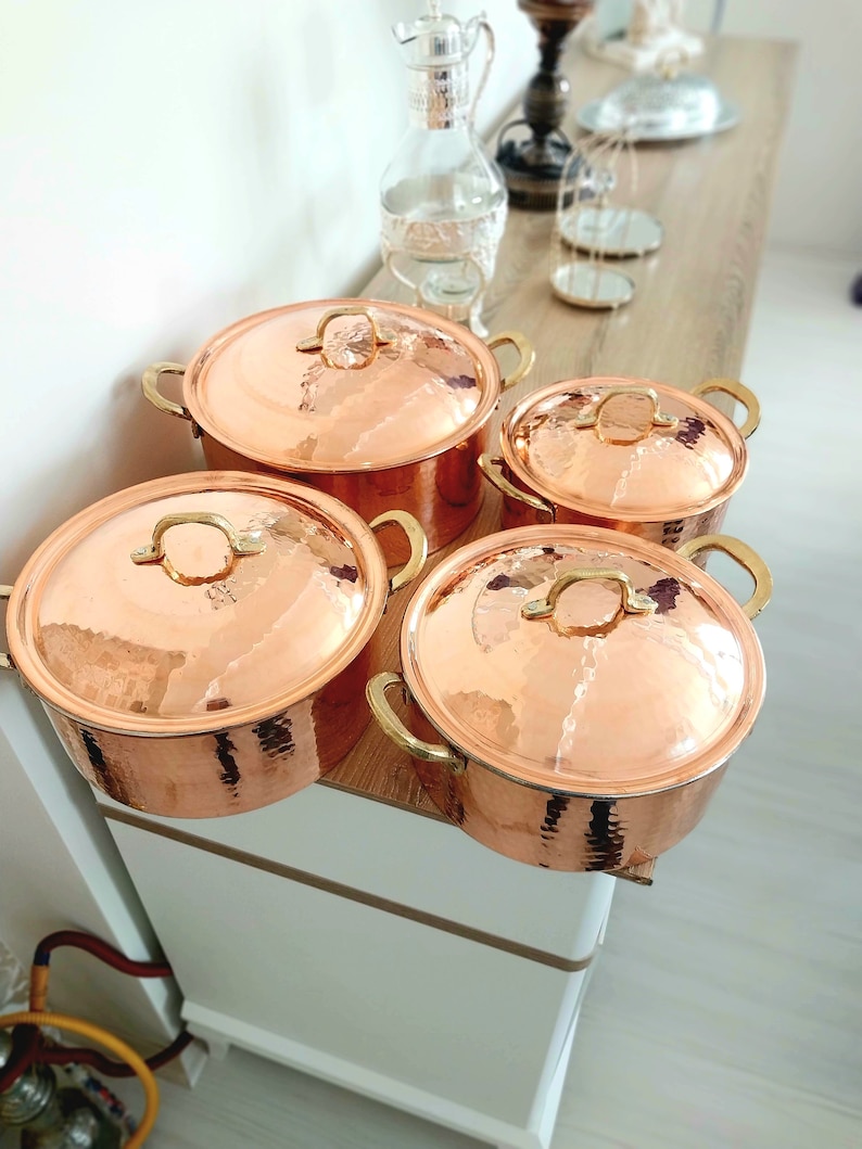 Copper Cooking Pot Set, Handmade Pure Copper Casserole Pot With Lid ...