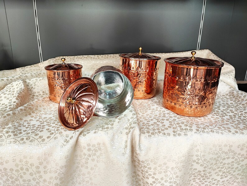Set of 4 Copper Jar,handcrafted Copper Container,copper Spice Container ...