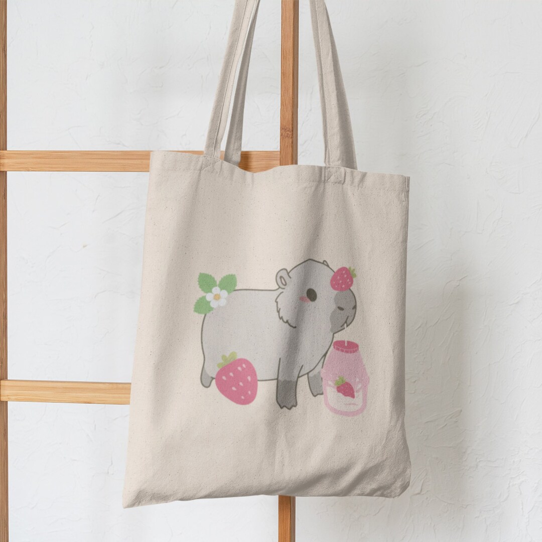 Cute Strawberry Milk Capybara Tote Bag, Cute Capybara Bag, Cute Chibi ...