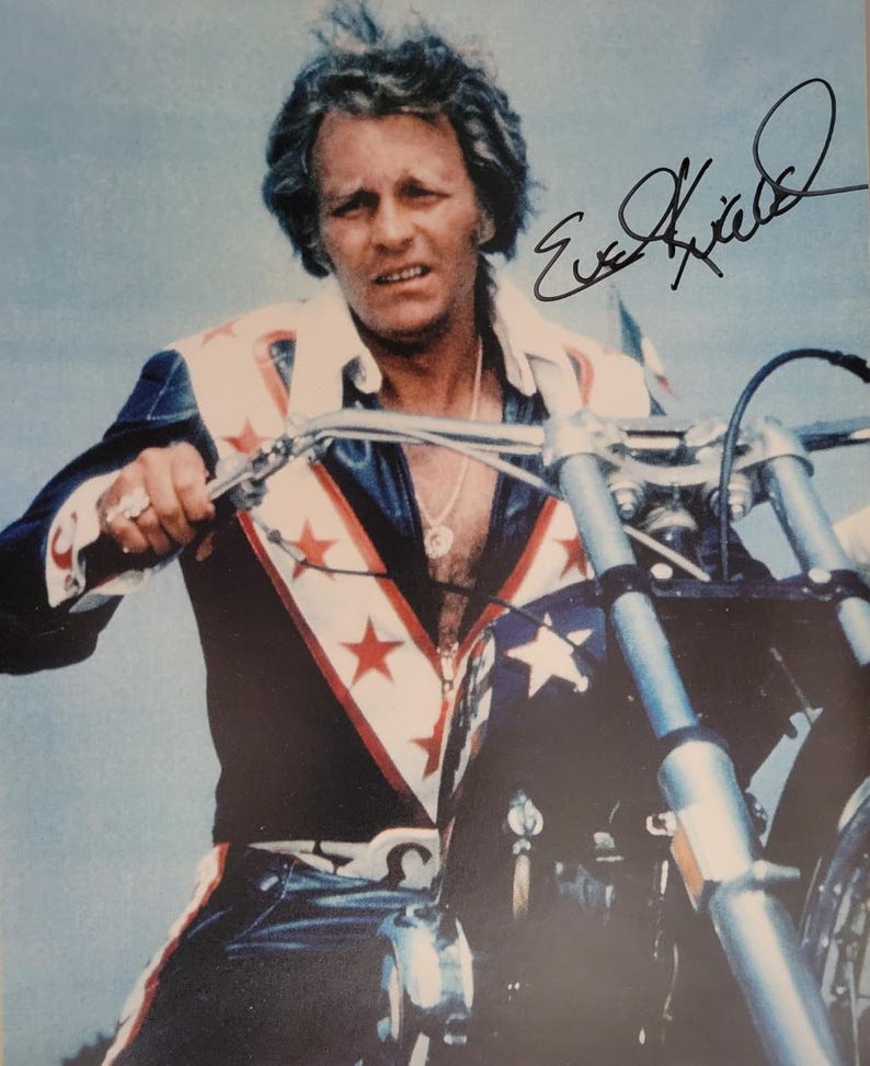 Evel Knievel Signed 8x10 Awesome Photo Sitting on His Motorcycle the ...