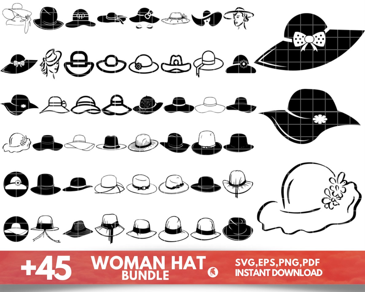 48 Woman Hat SVG, Fashion Hat Svg, Women Hat Clipart, Ladies Hat Cut Files for Silhouette, Files ...