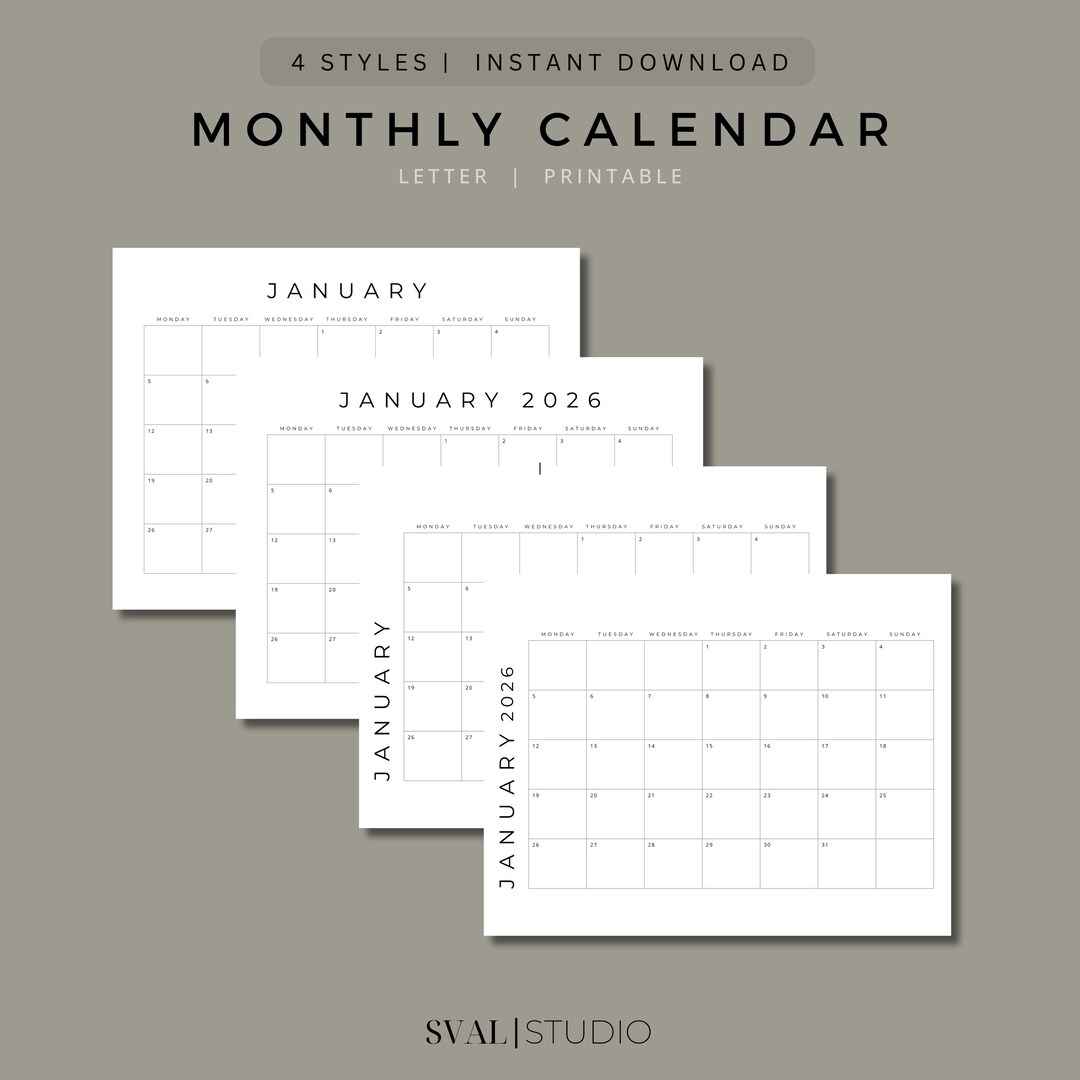2026 Monthly Calendar Printable | Minimalist Wall Calendar | US Letter ...