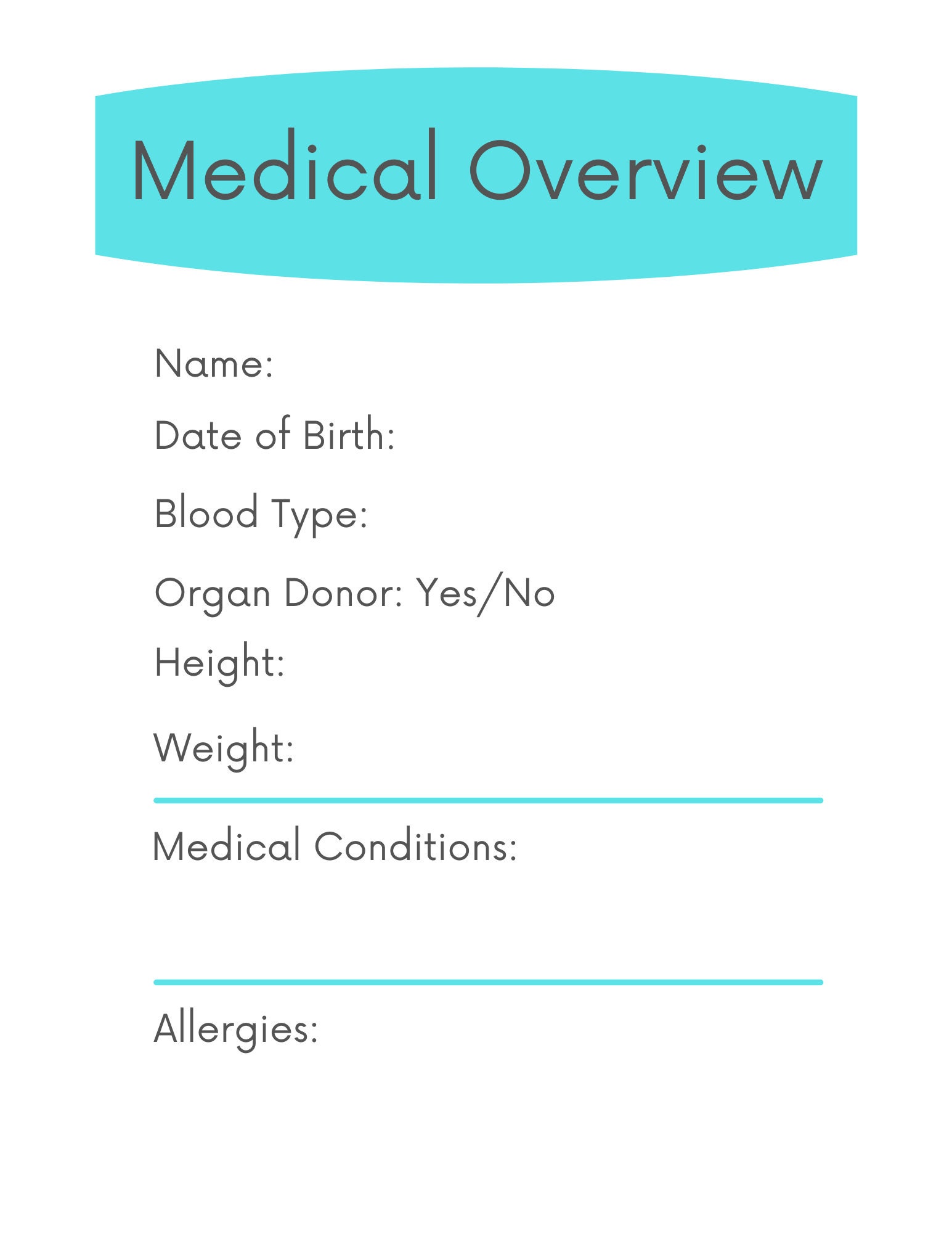 Medical Overview Information Sheet | Health Information Sheet - Etsy