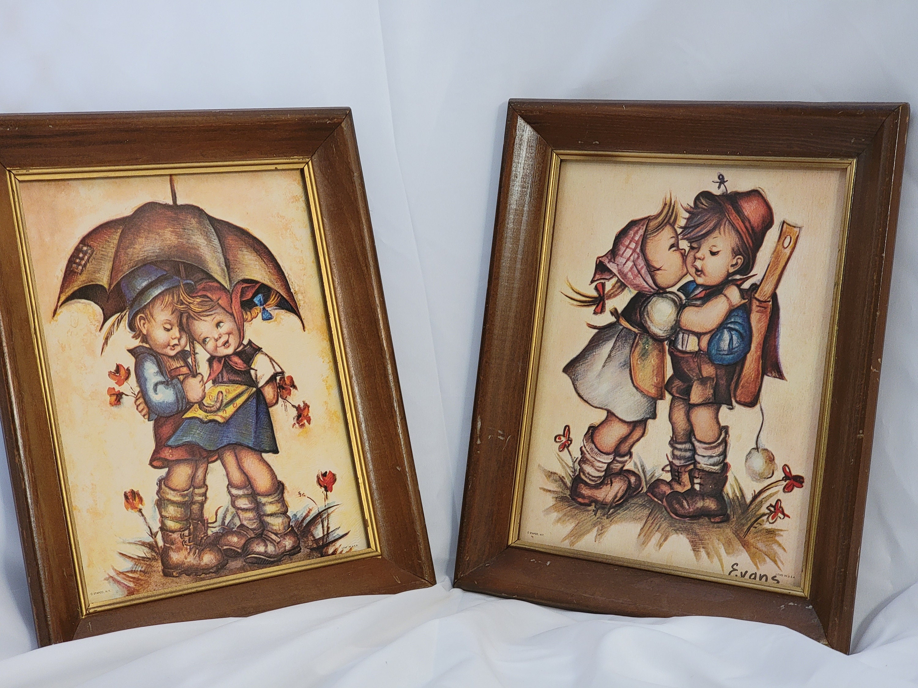 Vintage Set Hummel Girl Kissing Boy & Boy Holding Umbrella for Girl With Flowers by Evans ...