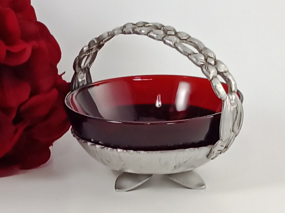 Vintage Rodney Kent Hammered Aluminum Basket With Ruby Red Glass Bowl ...