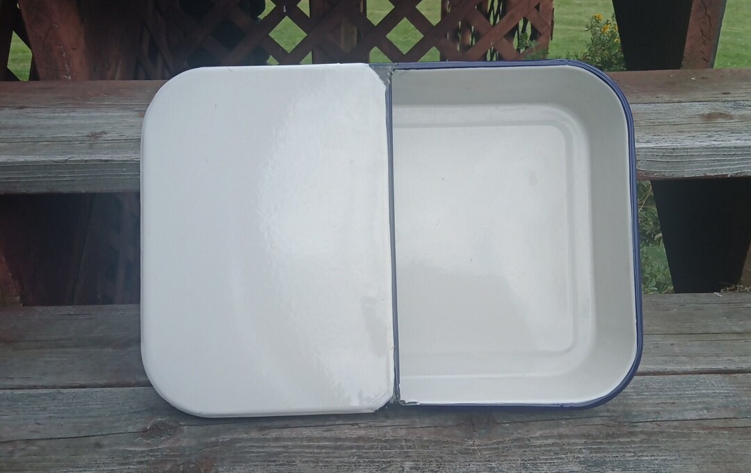 Vintage Large White Enamel Bedpan With Blue Trim; Rectangular Hospital ...