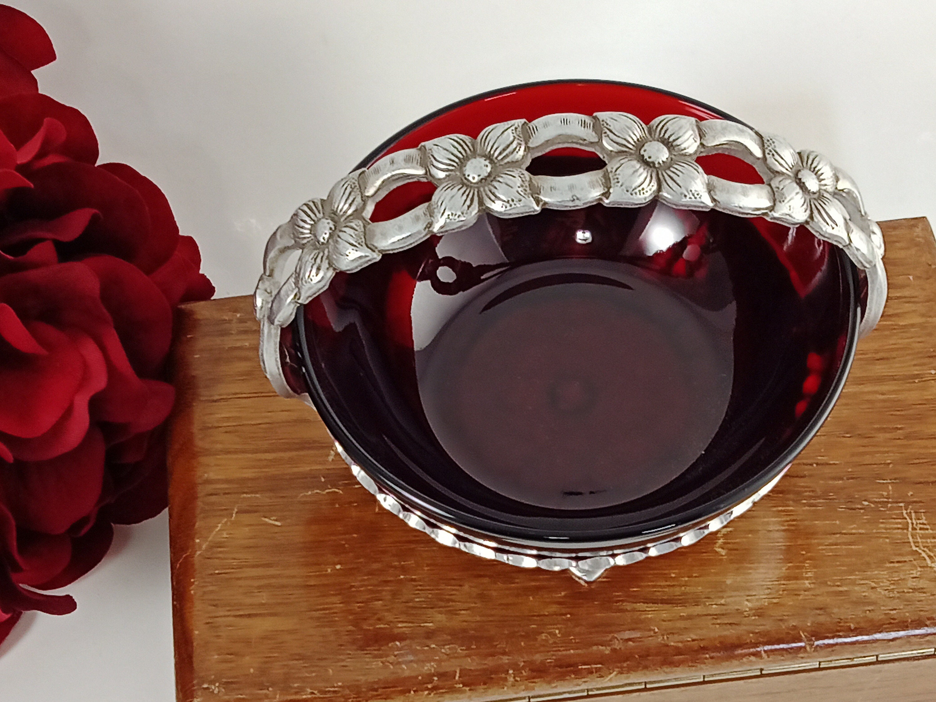 Vintage Rodney Kent Hammered Aluminum Basket With Ruby Red Glass Bowl ...