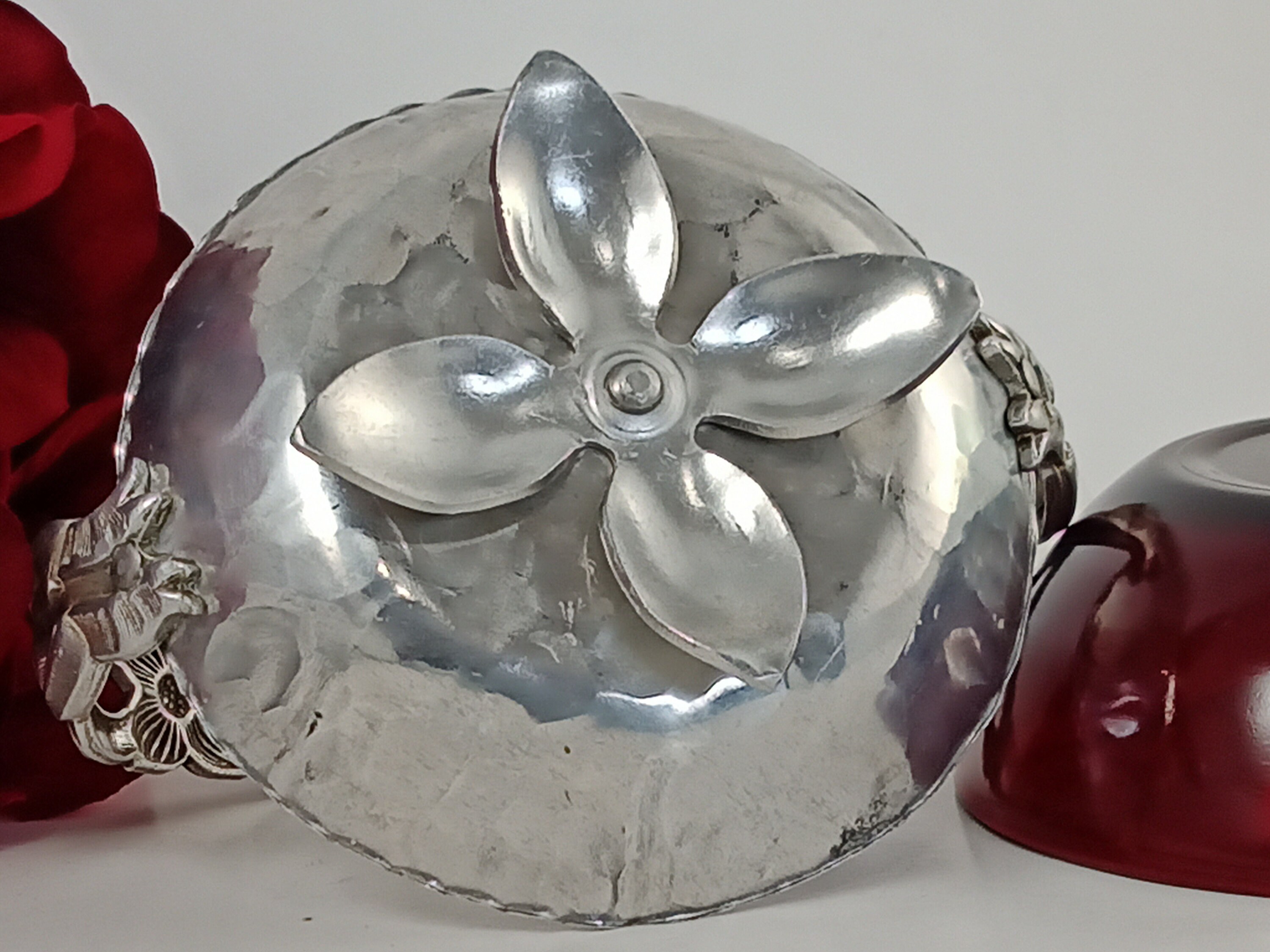 Vintage Rodney Kent Hammered Aluminum Basket With Ruby Red Glass Bowl ...