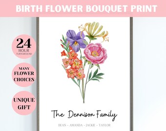 Birth Flower Family Bouquet, Birth Month Flower Art Custom, Hand Drawn ...