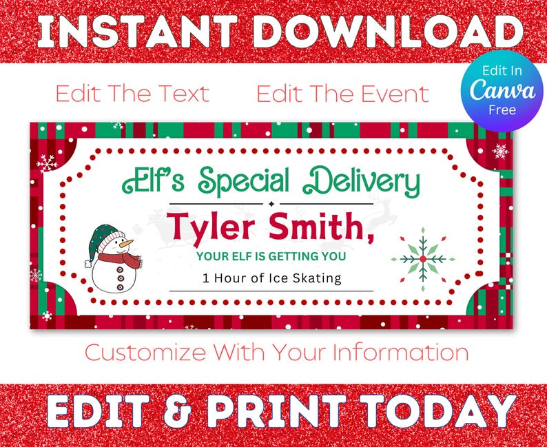 Editable Elf Ticket, Gift From Elf, Christmas Gift Voucher, Stocking ...