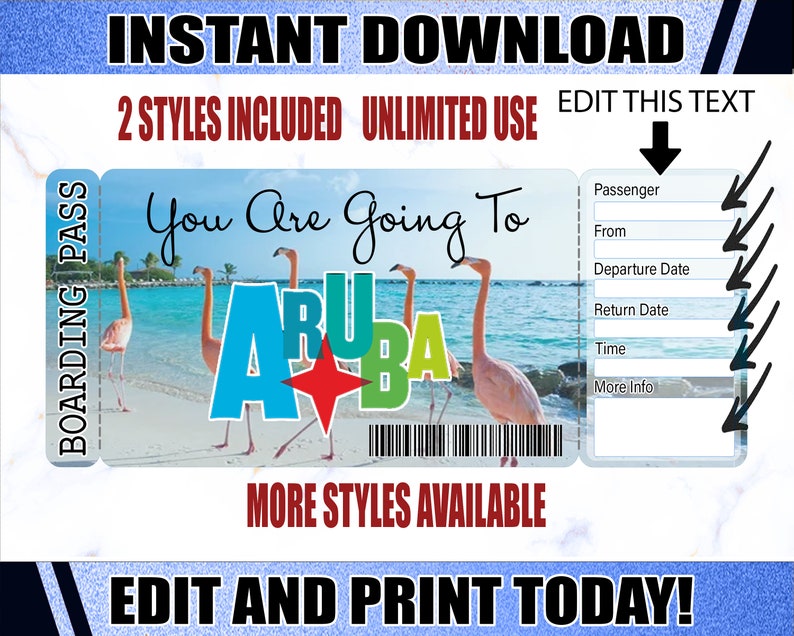 Aruba Boarding Pass Ticket Printable Airline Ticket Trip - Etsy Canada