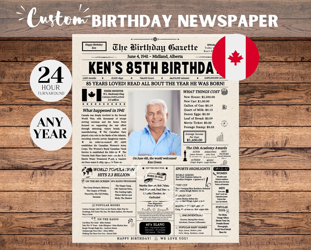 85th Birthday Newspaper Poster Sign Canada, 85th Birthday Gift for Men ...