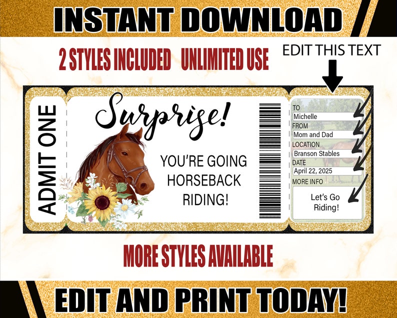 Surprise Horseback Riding Ticket, Printable Gift Certificate Ticket ...