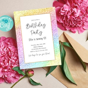 Rainbow Glitter Party Invitation, Colorful Invitation, Birthday ...