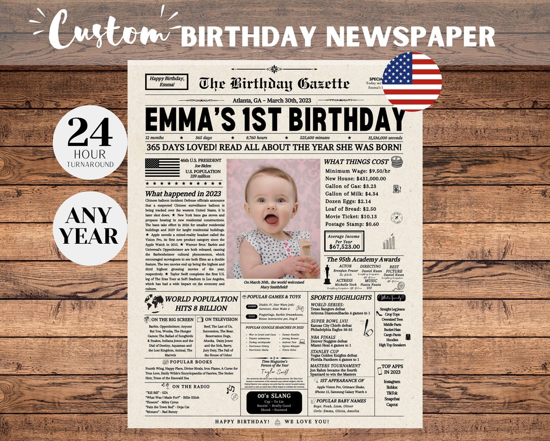1st Birthday Newspaper Poster Sign, 1st Birthday Gift for Son or ...