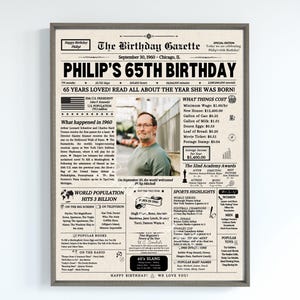 65th Birthday Newspaper Poster Sign, 65th Birthday Gift for Men or ...