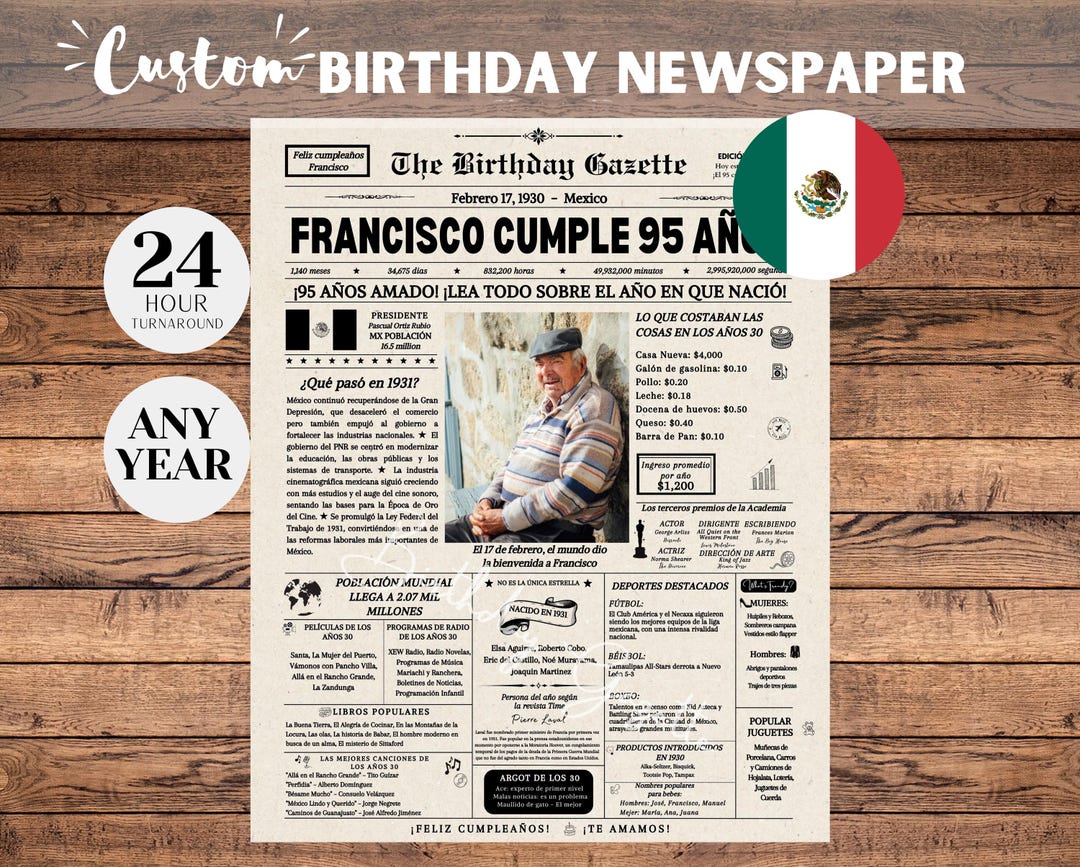95th Birthday Newspaper Poster MEXICO, 95th Birthday Gift for Men or ...