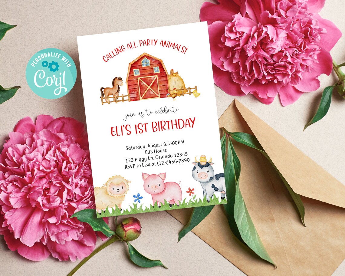 Farm Birthday Invitation, Editable Farm Animals Birthday Invite, Farm ...