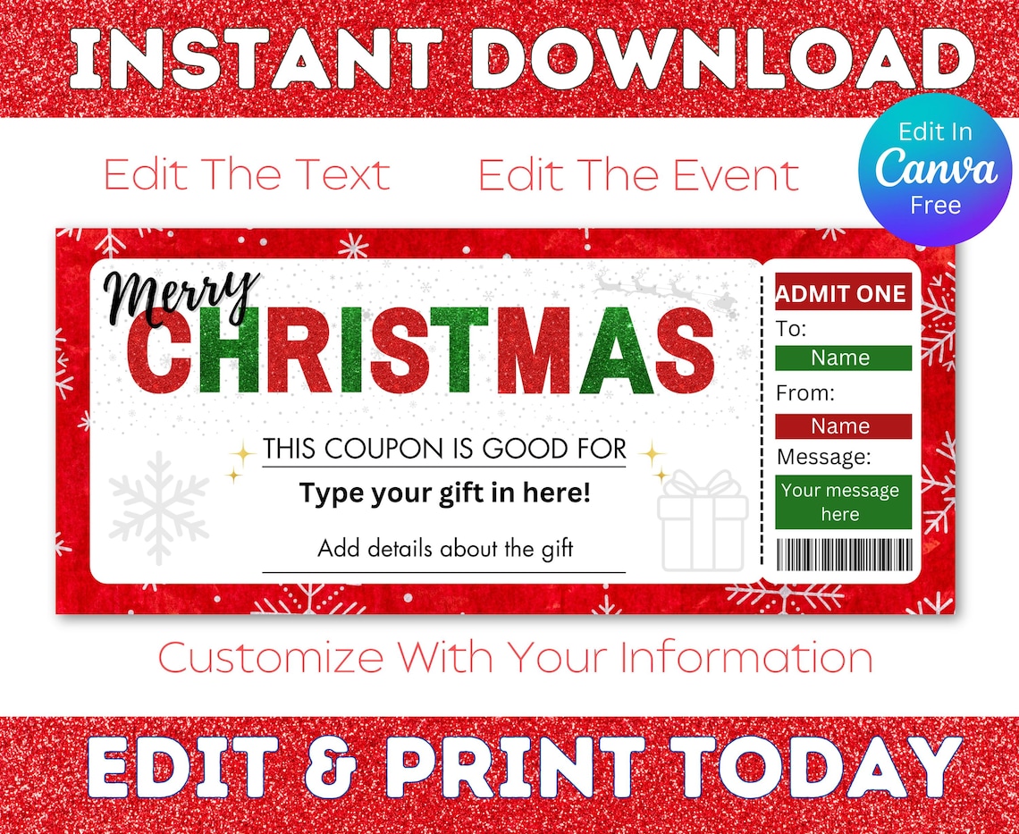Printable Christmas Ticket, Editable Ticket Template, Surprise Ticket ...