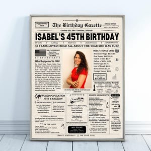 45th Birthday Newspaper Poster Sign, 45th Birthday Gift for Men or ...