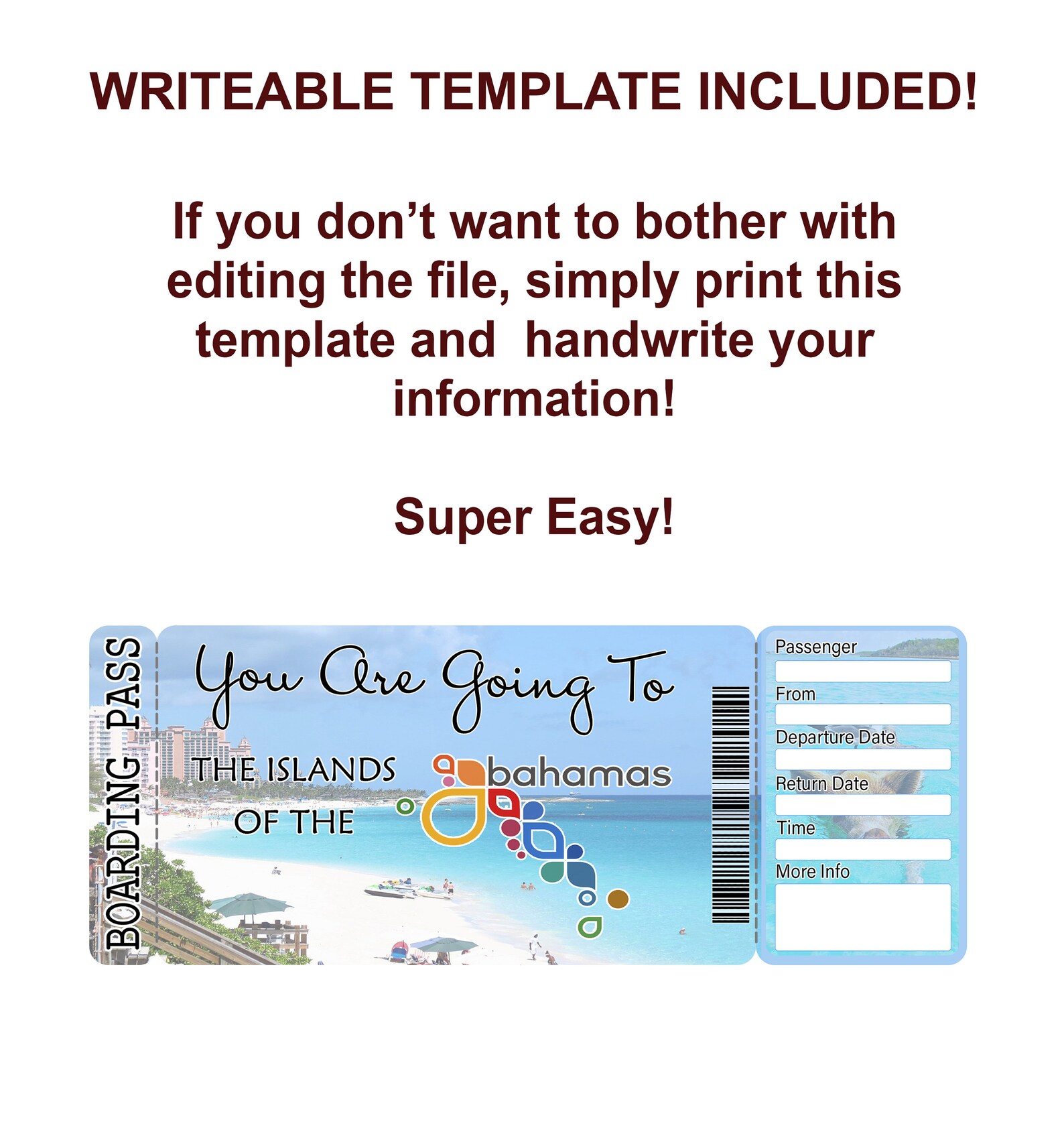Bahamas Boarding Pass Ticket, Printable Airline Ticket Trip Reveal ...