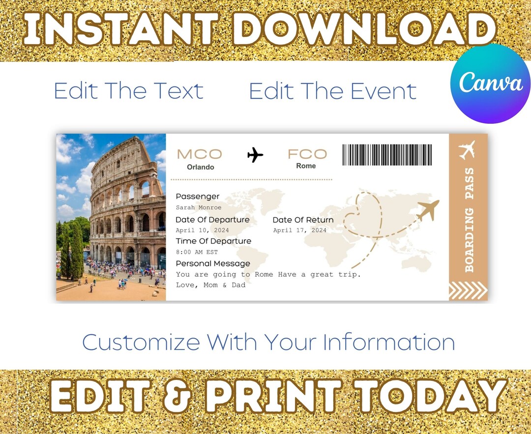 Rome Boarding Pass Editable Ticket, Printable Airline Ticket Trip ...