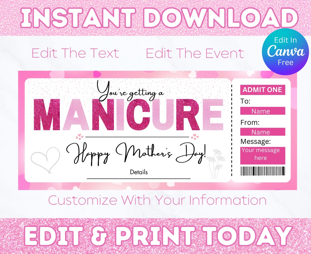 Mother's Day Gift Ticket, Gift for Mom, Manicure Ticket ,printable Gift ...